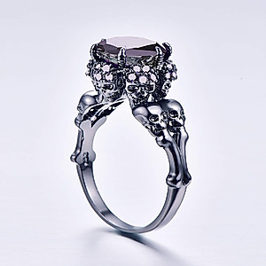 Narica Black Gold Plated Antique Gothic Skull Bone Ring Retro Oxidized Finished Round Cut Created Black Spinel CZ Cubic Zirconia Filled Engagement Promise Wedding Women's Vintage Band for Mom Lover 9#