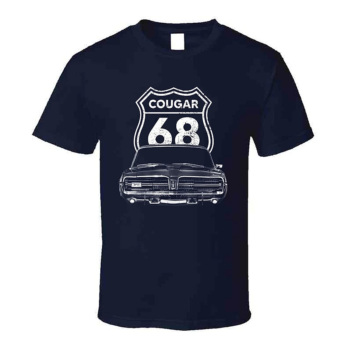 1968 Mercury Cougar Front Grill View with Model Year Sign T Shirt XL Navy
