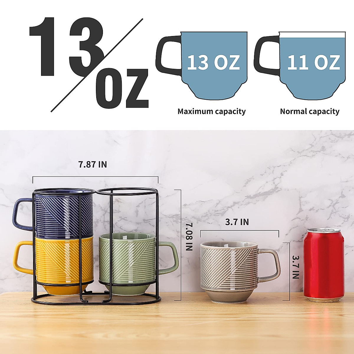 Adewnest Stackable Coffee Mugs with Rack : Ceramic Coffee Mugs Set of 4 for Latte/Cappuccino- Stable Stacking Coffee Cups with Stand - Colorful Stacked Tea Mugs for Home & Office - 13 oz