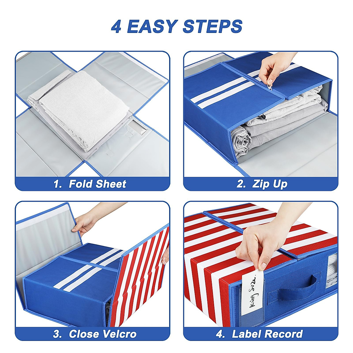 4 Pack Foldable Bed Sheets Organizers and Storage Twin/Full/Queen/King Linen Fabric Closet Organizers with Window, Folding Bedding Storage Box for Bedsheets Clothes