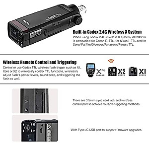 Godox AD200 Pro AD200Pro Flash Strobe Monolight, TTL Pocket Flash Speedlite, 2.4G 200W 1/8000s HSS 2900mAh Li-ion Battery, 500 Full Power Flashes, Bare Bulb/Speedlite Fresnel Flash Head