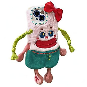 Tewwsdi Compatible for iPhone 14 Phone Case Cute,Kawaii 3D Doll DIY Hair Braids Camera Protector Plush Case,Winter Warm Furry Funny Case for iPhone 14 Women Girls(Green Braids)