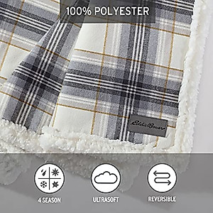 Eddie Bauer - Throw Blanket, Cotton Flannel Home Decor, All Season Reversible Sherpa Bedding (Edgewood Plaid Grey, Throw)