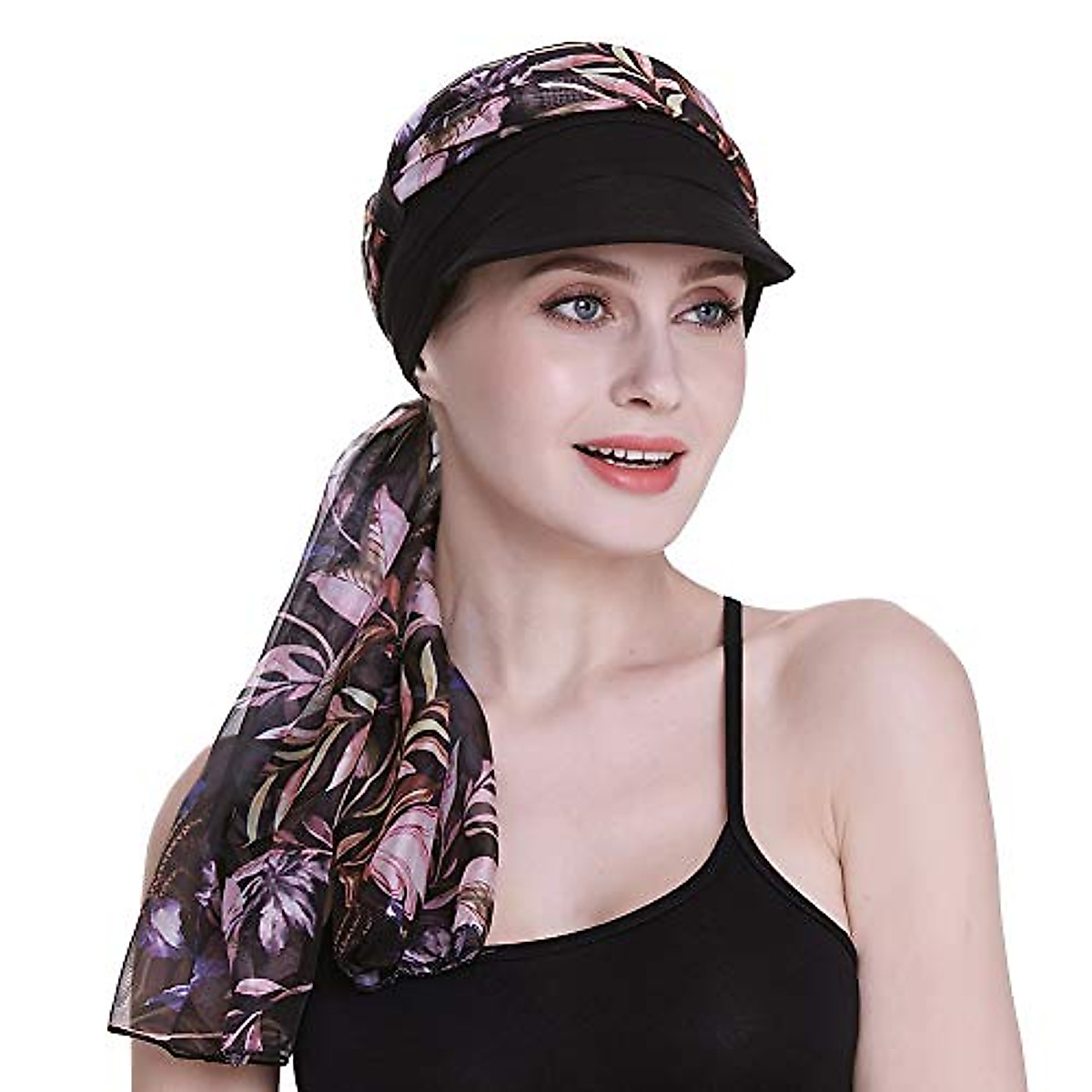 FocusCare Headwear for Women with Cancer Alopecia Cowboy Cap Hair Loss Turbans with Scarves Black