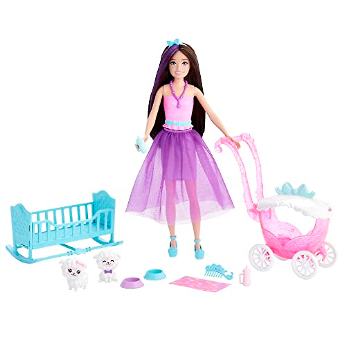 Barbie Skipper Doll and Accessories, Nurturing Playset, Brunette Doll with Fantasy Look, 2 Lambs, Stroller, Crib and Accessories