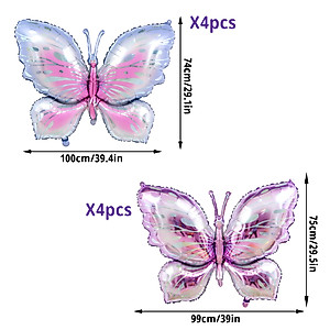 AEXHOT 8PCS Butterfly Balloons, Gradient Giant Butterfly Foil Mylar Balloon Butterfly Birthday Decorations for Butterfly Theme Birthday Party Wedding Supplies (Pink Purple, Purple)