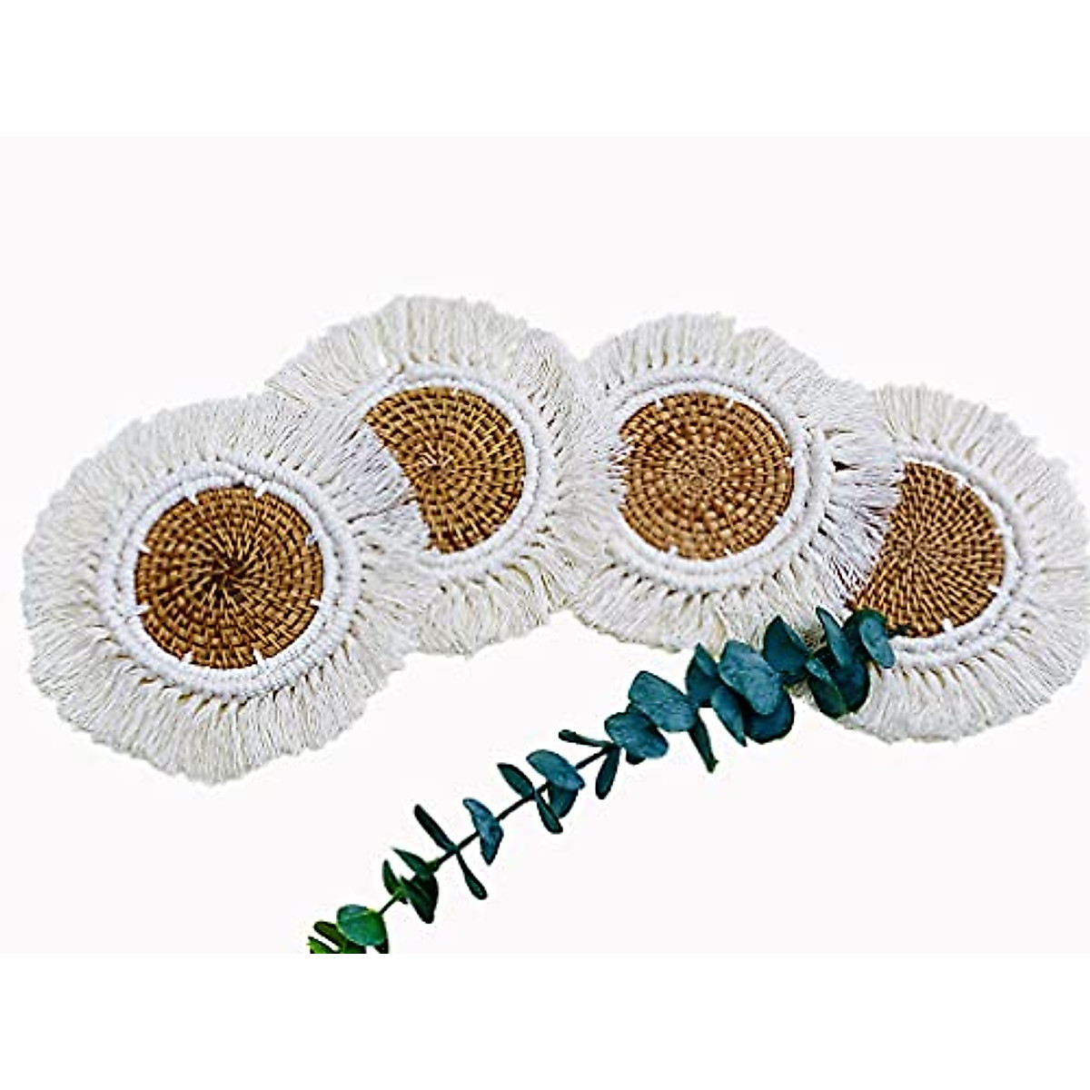 ConspiringUniverse Rattan Macrame Boho Coasters | Bohemian Set of 4 Table Decor Cute Coaster Woven with Flat Absorbent Center for Desk, White, Tan