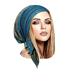 Teal Cashmere Headscarf Turquoise Headwear for Women Tichel Super Soft Headcovering Head cover Head wear Pre tied Bandana Ethnic Print Collection (Teal short - 290)