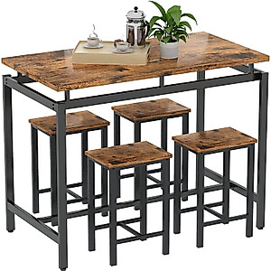 MIERES 5 Piece Person Kitchen Chairs 4, Industrial Bar, Counter Height Dining Room Table Set for Small Spaces, Rustic Brown