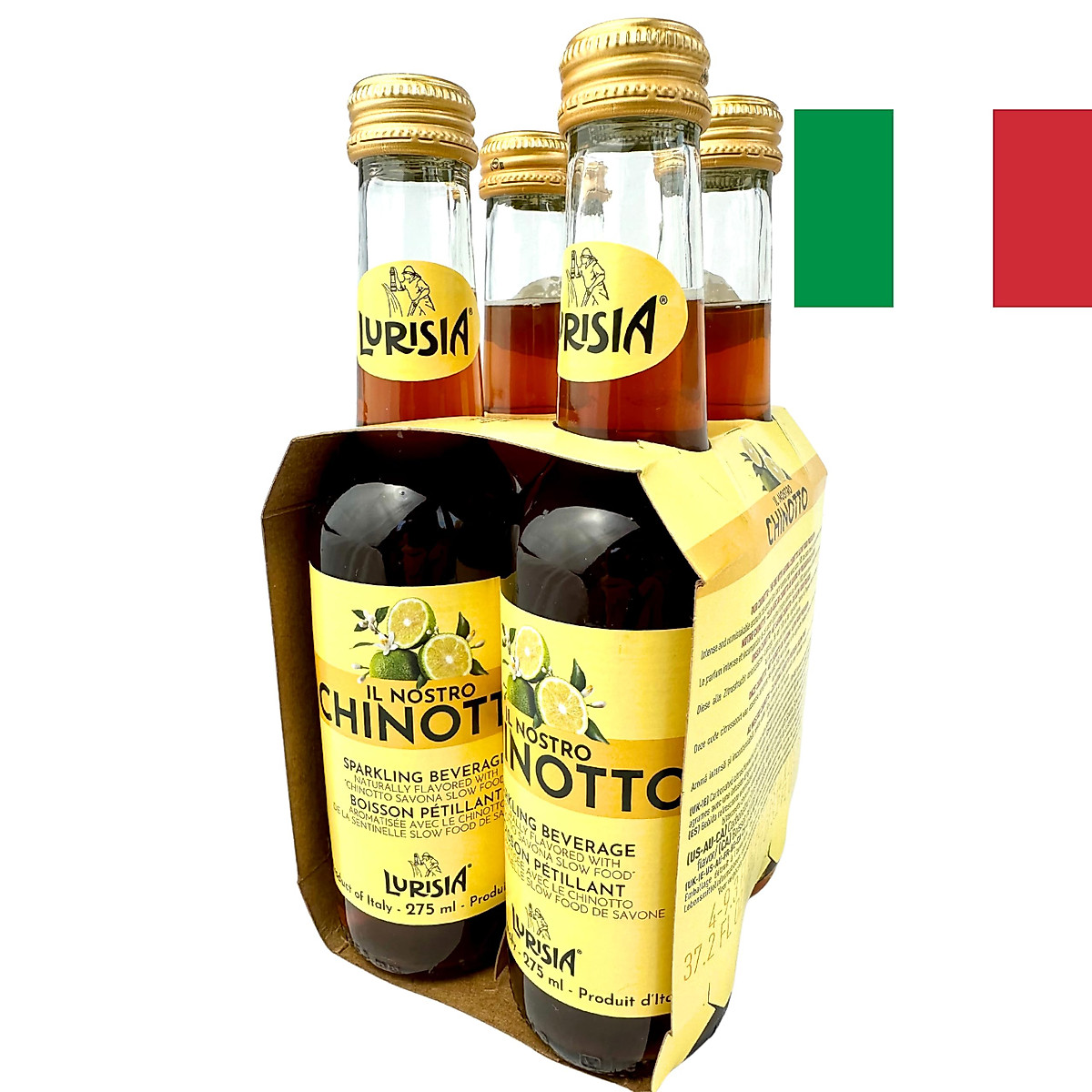 Lurisia Chinotto Italian Soda 4 x 9.3 Fl Oz (275ml) - Cola - Carbonated Sparkling Juice from Chinotto - Citrus Soft Drink - Non-Alcoholic Bitter Aperitif - Myrtle Leaf Orange Tree - Chinotto di Liguria - Sparkling Fruit Beverage from Italy