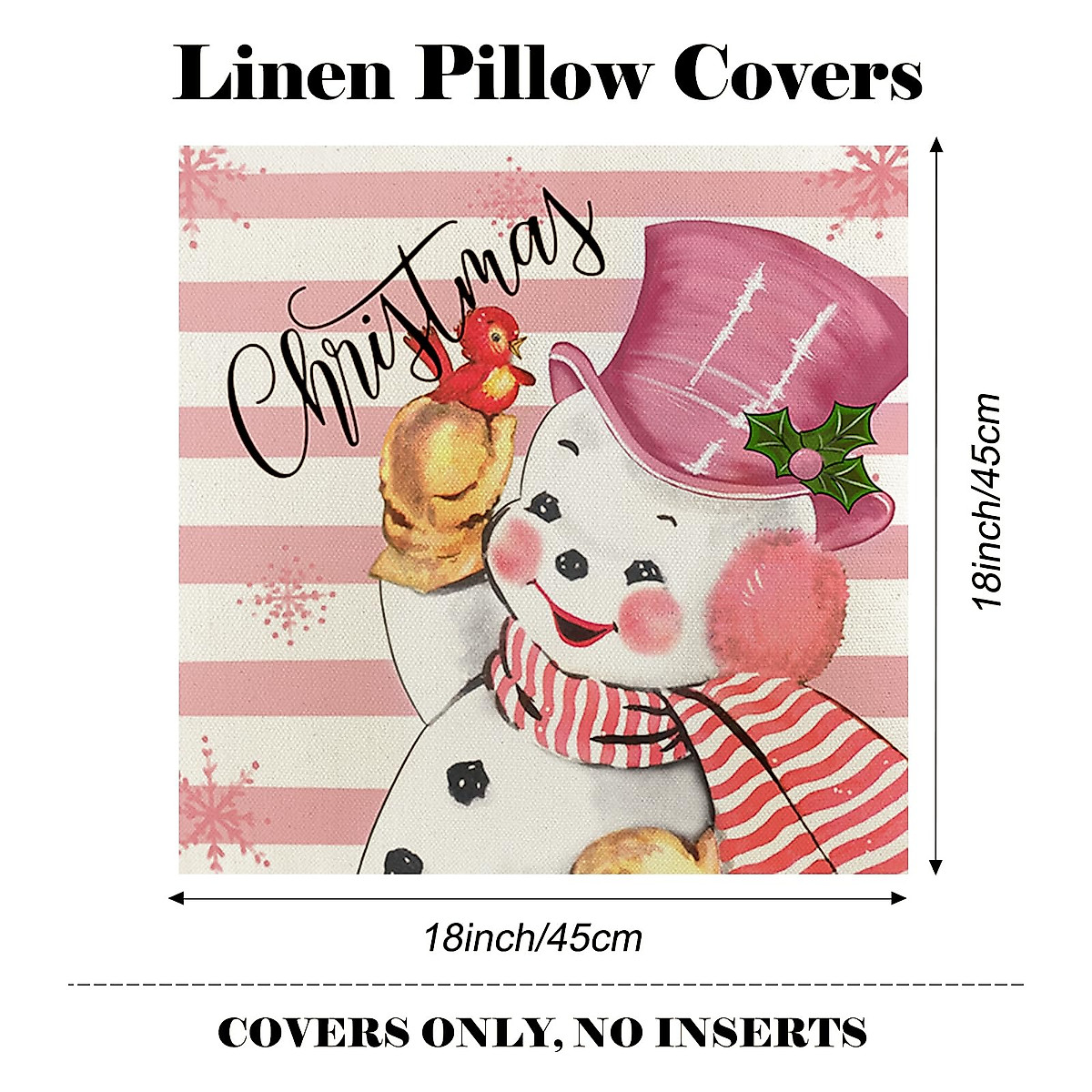 Christmas Pillow Covers 18x18 Set of 4 Pink Christmas Decorations Throw Pillow Case Stripes Santa Snowman Snowflake Winter Holiday Home Decor Cushion for Sofa Couch
