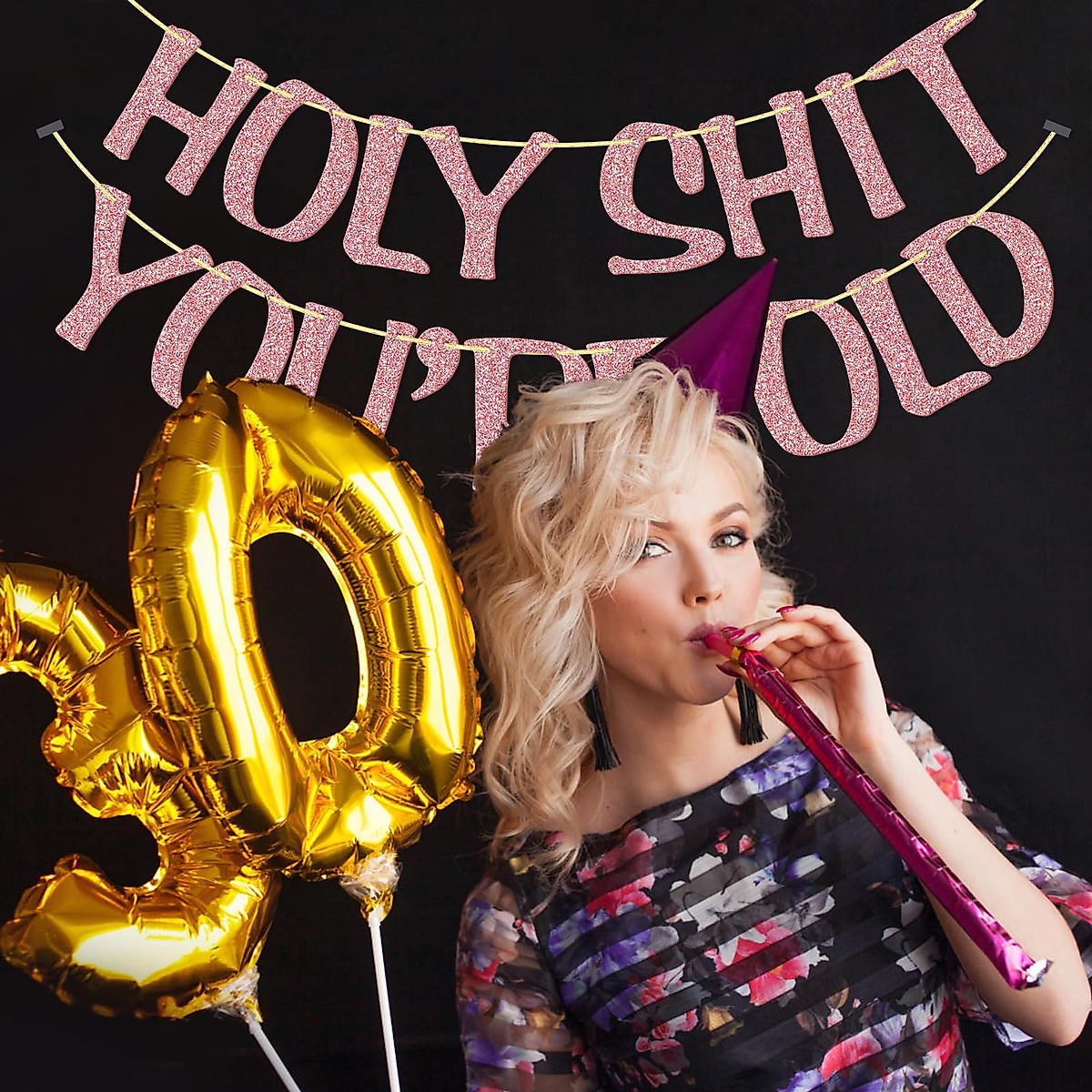 Holy Shit You're Old Banner Rose Gold Glitter for 30th 40th 50h 60th 70th 80th 90th Funny Birthday Banner Sign Bunting Party Decor Photo Booth Props (Rose Gold)