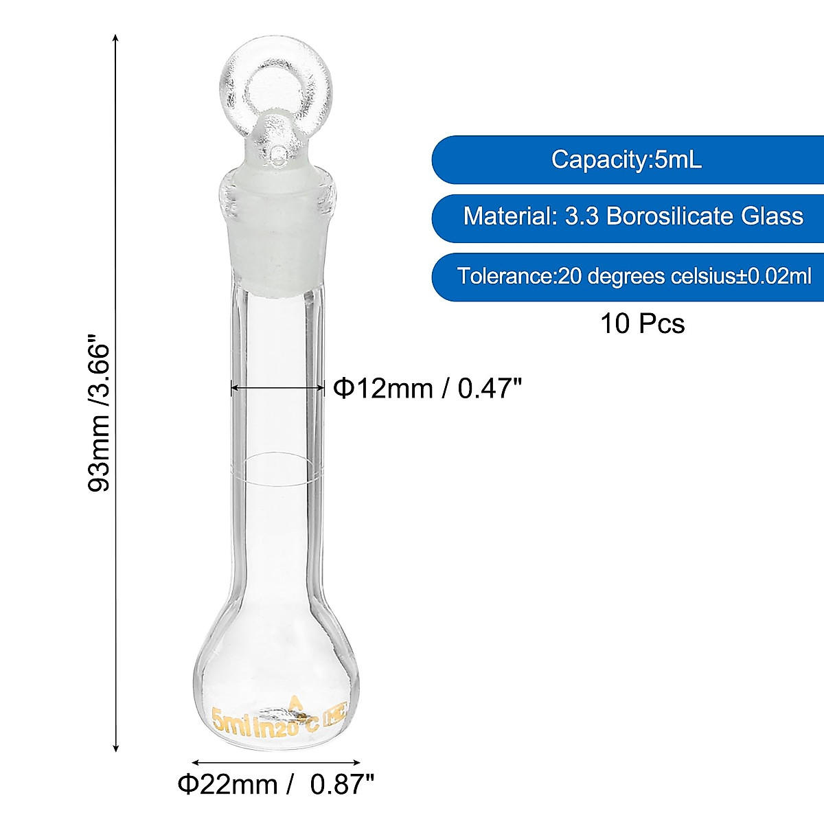 PATIKIL 5ml Volumetric Flask, 10Pcs 3.3 Borosilicate Glass Graduated Volumetric Measuring Flask with Glass Stopper Tolerance 0.22ml for Lab Experiment, Clear