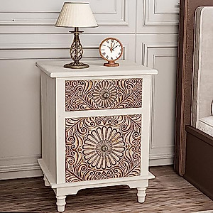 HOMPUS End Table w Flower Pattern, Nightstand w Storage, Small Night Stand w Wood Grain Finish, Accent Table Side Table, Small Cabinet for Living Room, Bedroom, Light Grey Grain