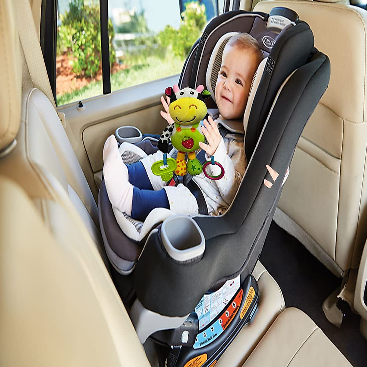 Cute Hanging Stroller Car Seat Toys for Baby, C Clip Hanging Animal Soft Toys with Rattles BB Squeaker Distorting Mirror for Boys Girls 0-36 Months (Green)