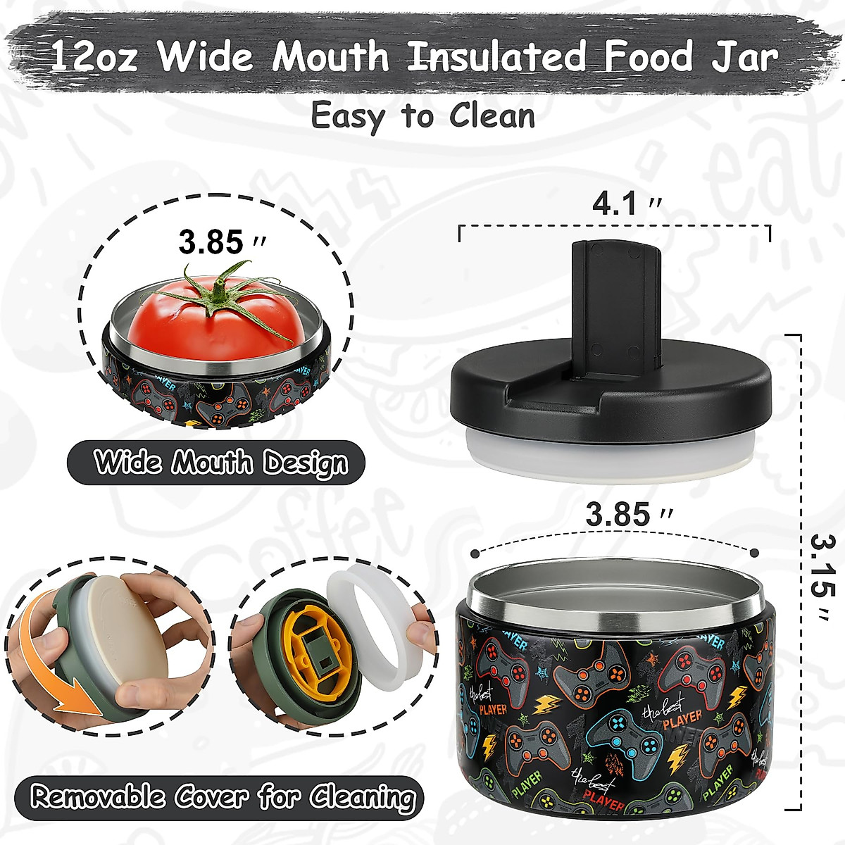 Pawtong 12oz Insulated Vacuum Food Jar with Buckle Lid Wide Mouth Soup Thermo for Hot Food Kids Leakproof Stainless Steel Lunch Container (Black-Game)