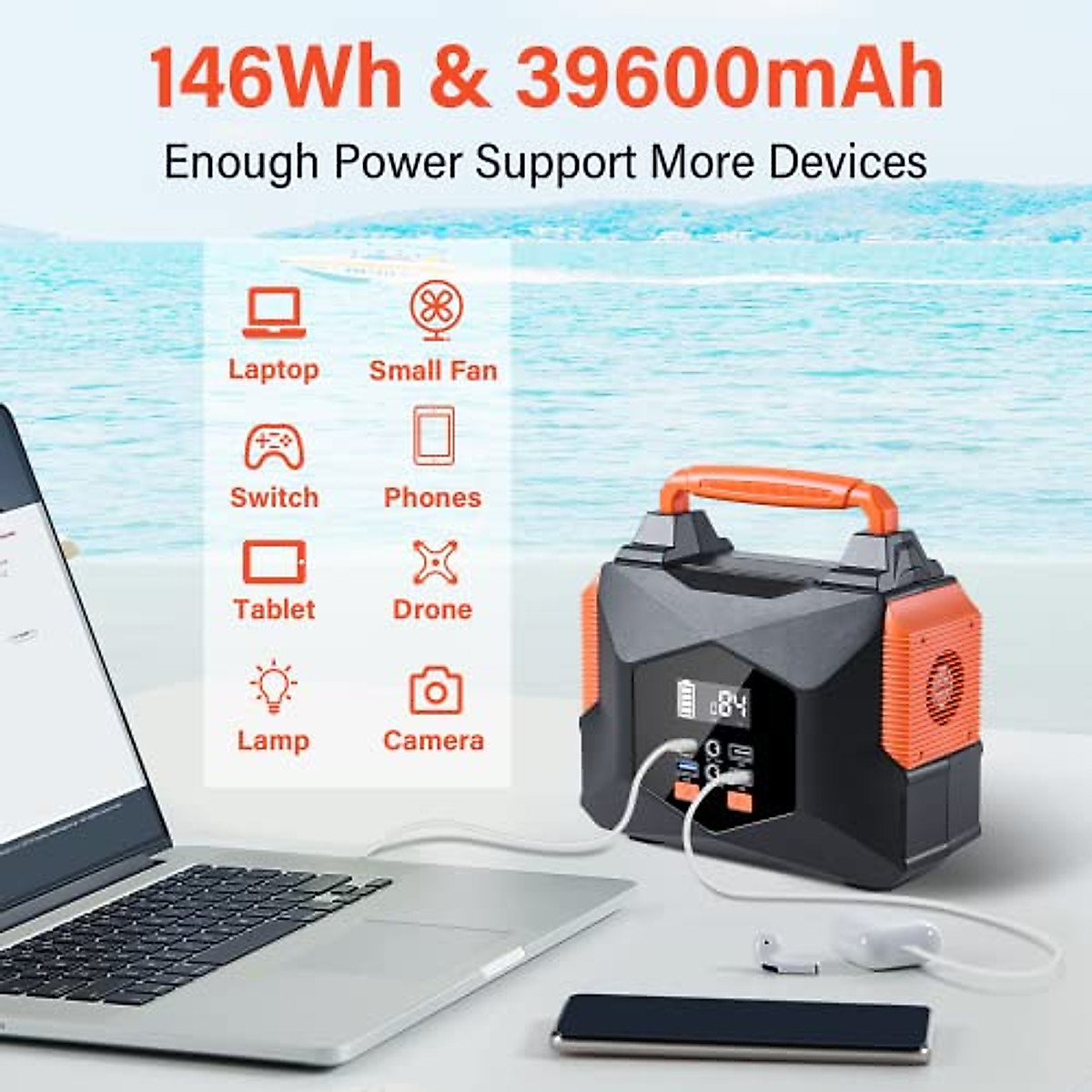 BailiBatt Portable Power Station 150W, 146Wh Camping Solar Generator, Lithium Battery Bank Power Supply with 2 110V/150W (Peak 300W) AC/2 DC/2 USB/ 1 QC 3.0/1 USB-C for CPAP Home Camping Emergency, Orange