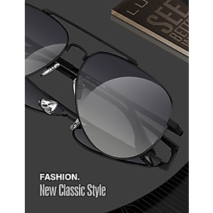 LUENX Aviator Sunglasses for Mens Womens Polarized Driving Eyewear Gradient Black Lens Metal Black Frame 60mm UV400 Protection Classic Style