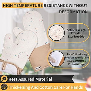 Dorkuova Oven Glove Cute,Cooking Mittens,Oven Mittens for Kitchen,Oven Gloves for Kitchen,Non-Slip Grip,Washable Silicone Oven Mitts Heat Resistant 500°F, Cooking Baking(Cream