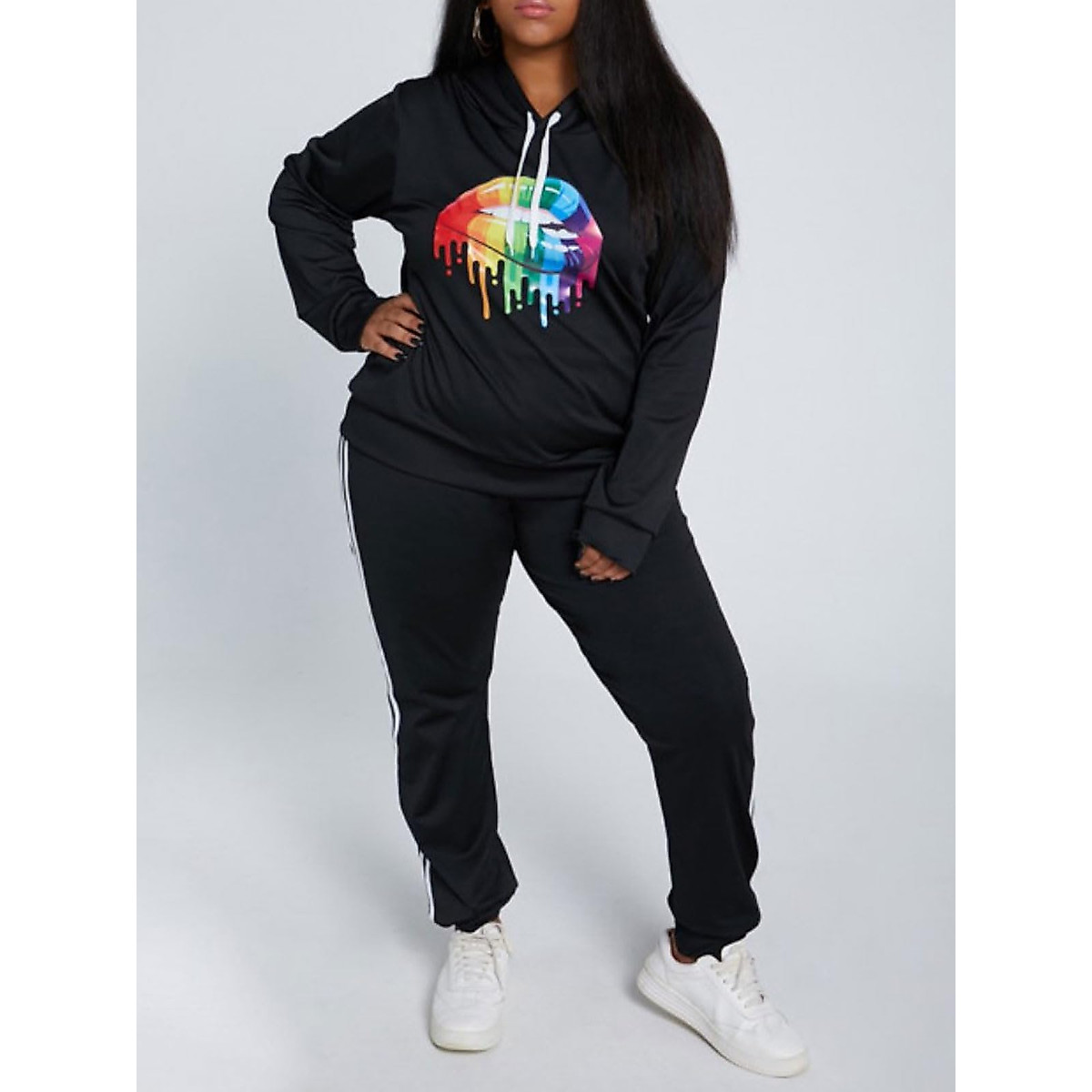 Angsuttc Womens Casual 2 Piece Outfits Lip Print Long Sleeve Pullover Sweatshirt Jogging Pants Tracksuits Set Black XL