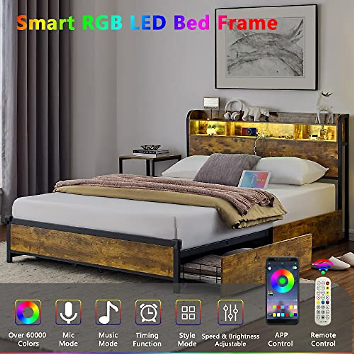 Alohappy Queen Bed Frame with LED Lights and Charging Station, Metal Platform Bed Frame with 2 -Tier Storage Headboard and Drawers, No Box Spring Needed, Easy Assembly, Noise Free