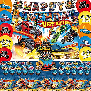 58 Pcs Hot Car Birthday Party Supplies,Included Banner,Hanging Swirls,Tablecloth,Cake Topper,Cupcake Toppers,Backdrop,Balloon for Boy and Girl Wheel Party Decorations