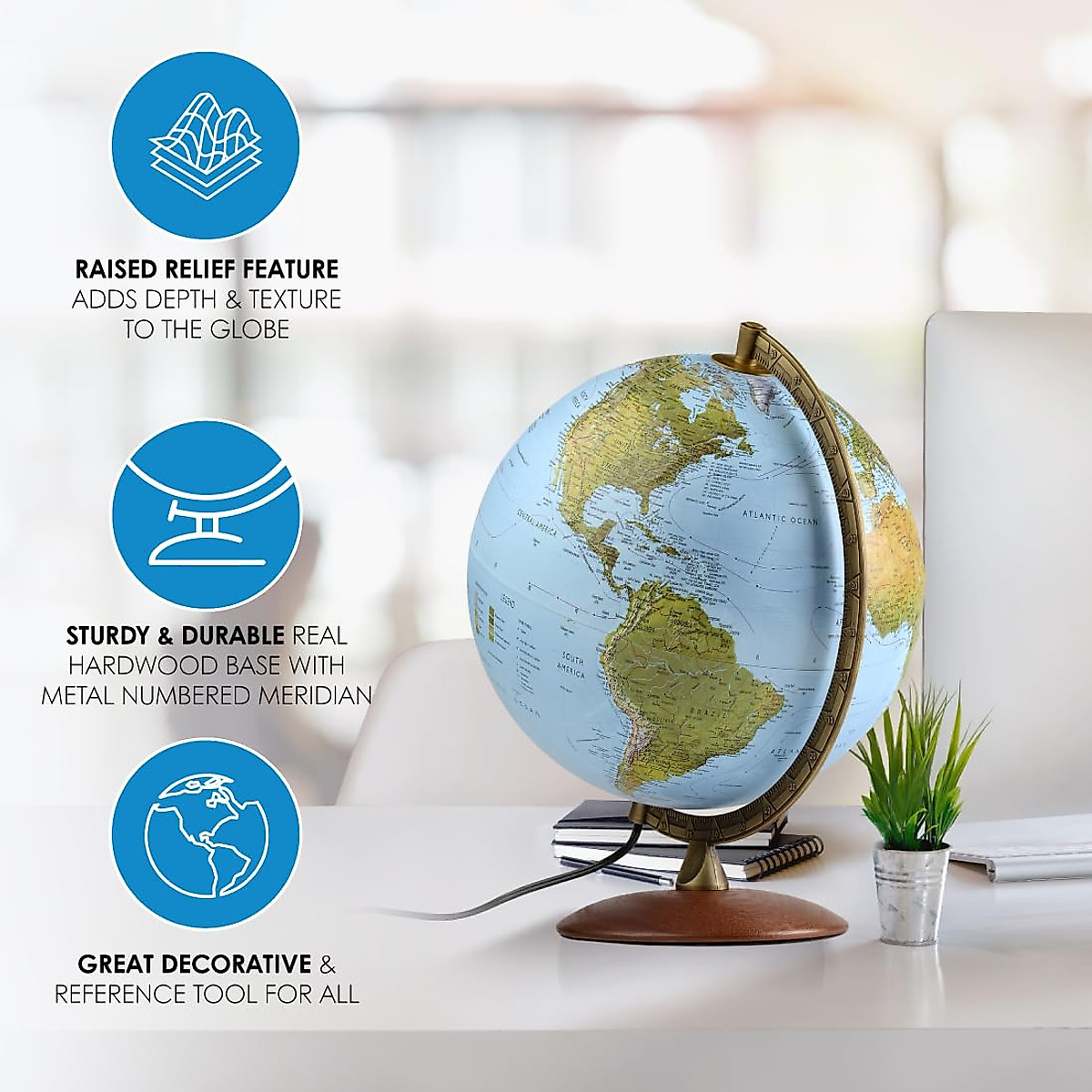 Waypoint Geographic Illuminated Desk Globe with Stand and Raised Relief Features - 1,000's of Up-to-Date Named Places & Points of Interest - Wood Stand (Blue)
