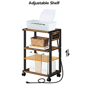 HOOBRO Industrial Printer Stand with Charging Station, 3-Tier Printer Table, Rolling Printer Cart with Adjustable Shelf and Hook, Rustic Brown and Black BF28UPS01