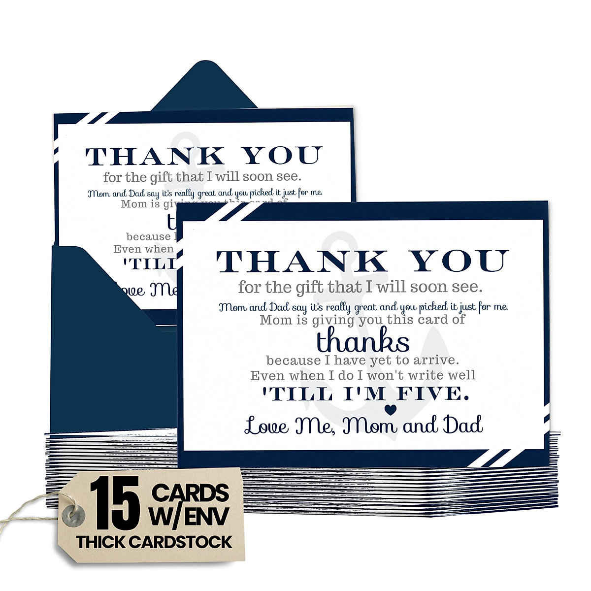 Paper Clever Party Nautical Baby Shower Thank You Cards with Envelopes Blank Notes Prefilled with Message Boys Personalize for Registry Gifts Anchor Notecard Set Blue 4x6 Stationery, 15 Pack