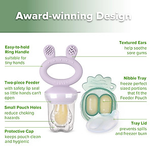 Haakaa Baby Fruit Food Feeder & Mini Freezer Nibble Tray Combo, Breastmilk Popsicle Molds for Baby Cooling Relief, BPA Free Silicone Feeder for Safe Infant Self Feeding, 4 Month+ (Lavender)