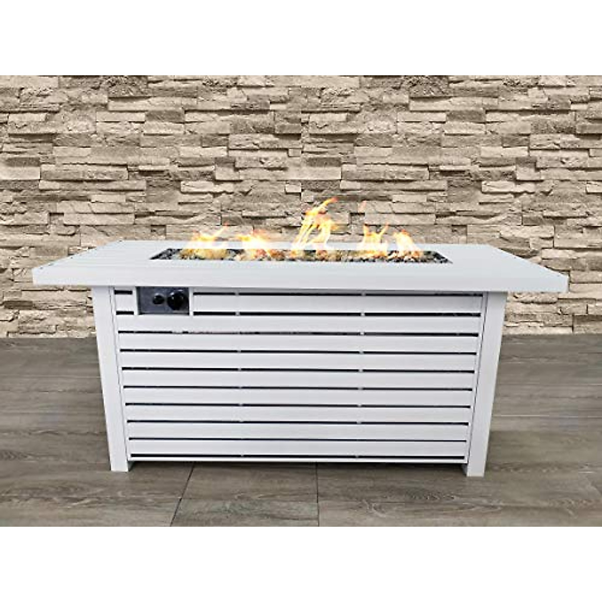 Bridgeport Rectangle Steel Propane Fire Pit Table for Outdoor Home Garden Backyard Fireplace (54 Inch, White)