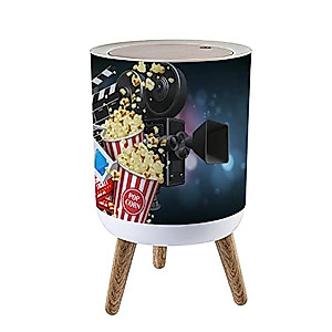 Small Trash Can with Lid Illustration for the film industry Popcorn camera glasses tickets and Garbage Bin Round Waste Bin Press Cover Dog Proof Wastebasket for Kitchen Bathroom Living Room 1.8 Gallon