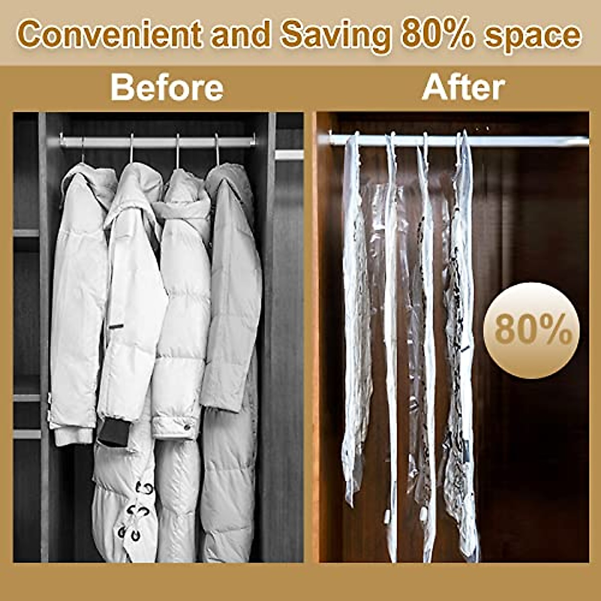 5PCS Large Hanging Vacuum Storage Bags, Reusable Space Saver Vacuum Seal Storage Bags for Clothing with Hand Pumps, Hanging Sealer Bags for Coats, Suits, Jackets and Quilts (27"×44")