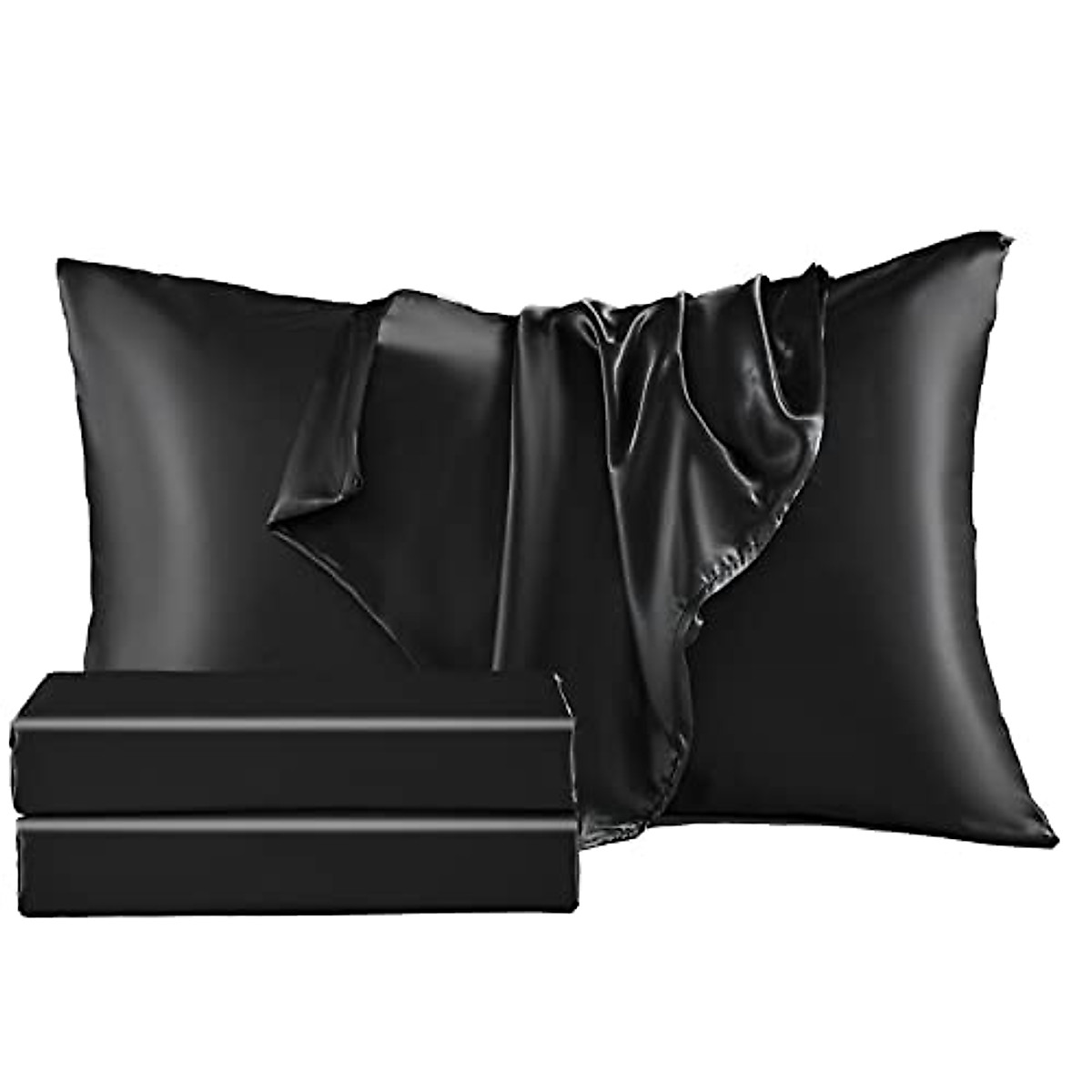 Koreyoshi 4 Pcs Satin Sheets - Luxury Silk Silky Super Soft Extra deep Pocket King Sheet Sets - Wrinkle & Fade Free - Fitted Sheet, Flat Sheet, Pillow Cases (Black, California King)
