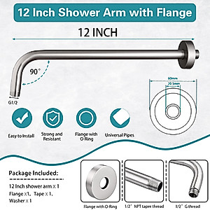12 Inch Shower Arm with Flange,Stainless Steel 90 Degree Rain Shower Head Extension Arm,Wall-Mounted Shower Head Arm for Fixed Shower Head,Brushed Nickel
