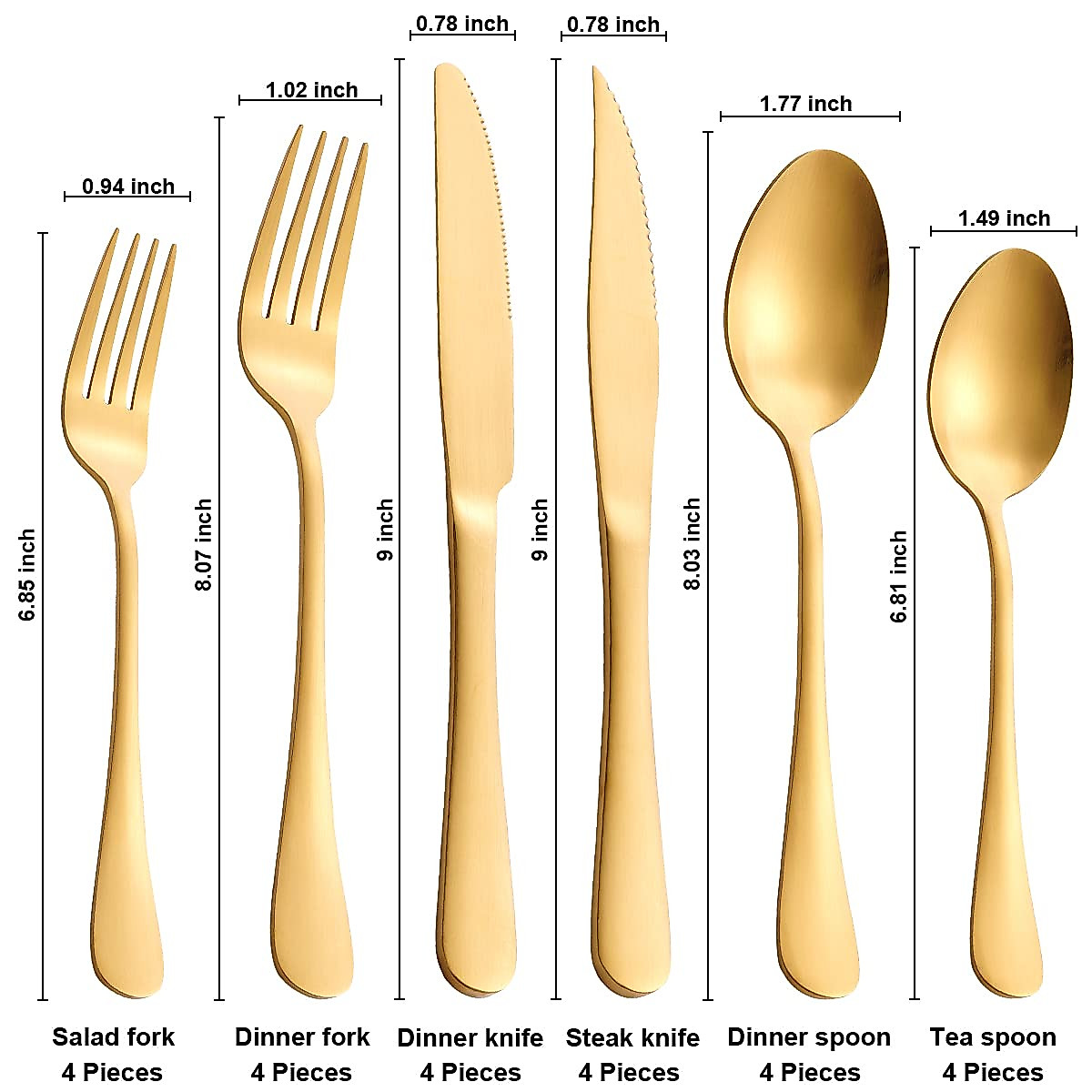 Joincook Matte Gold Silverware Set with Steak Knives,Stainless Steel Flatware Set,24 Pieces Set Cutlery Utensils Set Service for 4,Spoons and Forks Set, Dishwasher Safe