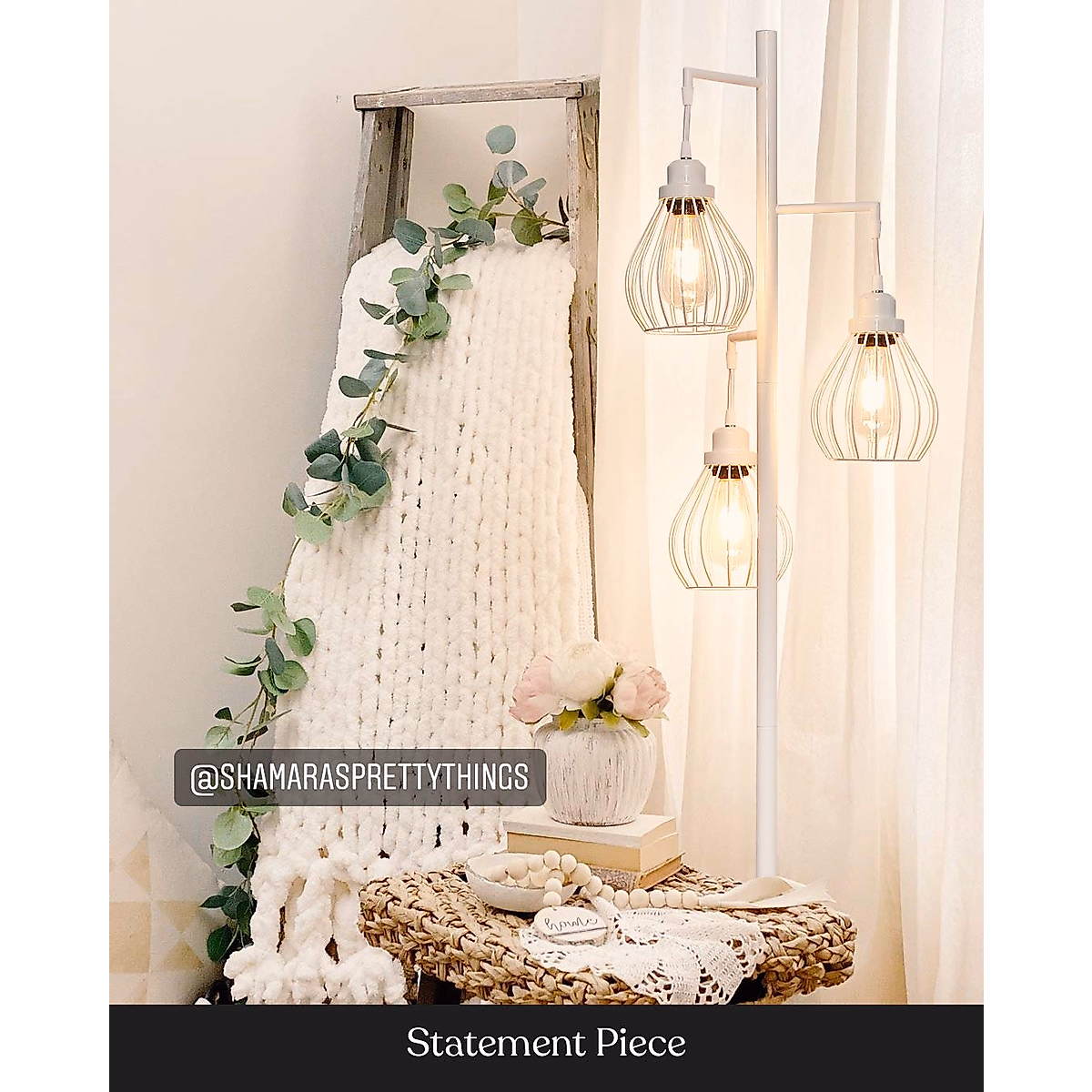 Brightech Teardrop LED Floor Lamp – Tree Standing Lamp with 3 Elegant Cage Heads & Edison Bulbs – Standing Lamp for Living Rooms & Offices – Tall Standing Lamp Ideal for Bedroom Reading – Alpine White