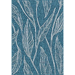 Unique Loom Outdoor Botanical Collection Area Rug - Leaf (6' 1" x 9' Rectangle, Teal/ Ivory)