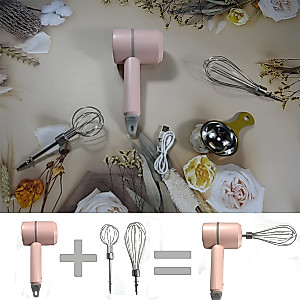 Hand Mixer, Portable Electric Cordless Handheld Mixer, 3-speed Usb Rechargeable withTwin Mixer Whips and Egg Separator for Whipping or Mixing Eggs, Butter, Cream,Kitchen Baking and Cooking (Pink)