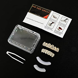 TOPGRILLZ Joker Costume 18K Gold Plated Hip Hop Iced Out Hustla Top and Bottom Face Grills for Your Teeth(Hustla)