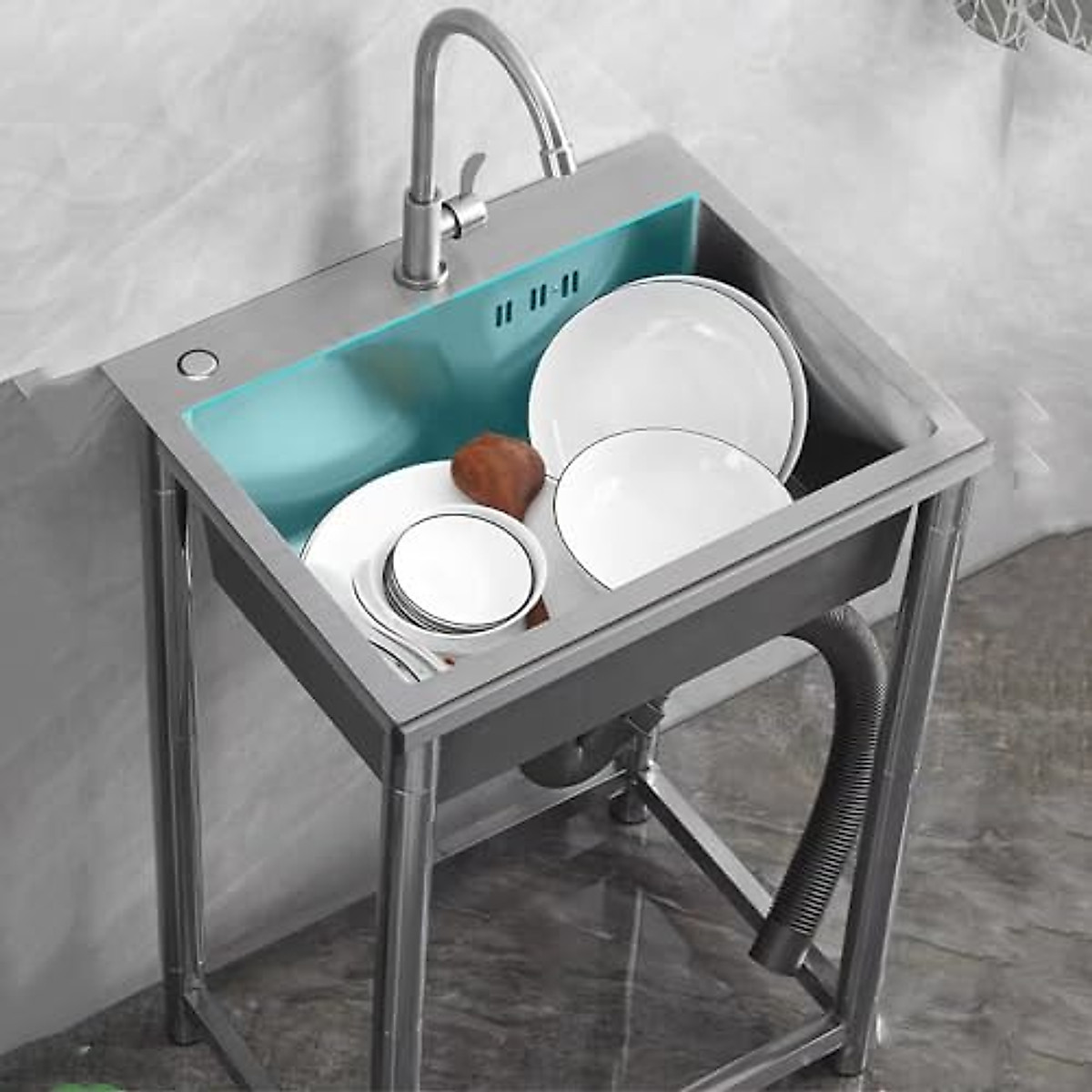 DOUKI Outdoor Stainless Steel Sink, Free Standing Small Sink, Kitchen Sink Single Bowl Prep & Utility Sink, Portable Garden Sink W/Hot and Cold Faucet (Size : 18 x16 inch (45x40 cm))