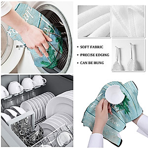 Summer Tropical Palm Tree Ball Teal Plank Kitchen Towels Dish Cloth Towel Absorbent Hand Towel Cleaning Cloth,Life Quote Farm Retro Wood Board Dishcloth Quick Drying for Dishes Counter 4 Pack