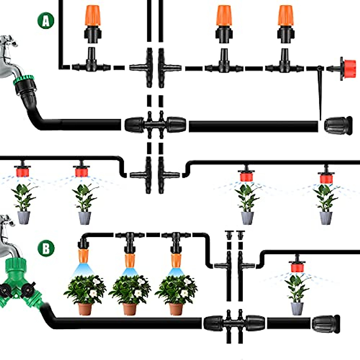 ZADEFERI Drip Irrigation Kit，164FT 197 Pack Garden Irrigation System 1/4'' 1/2'' Blank Distribution Tubing Watering Drip Kit Automatic Irrigation Equipment for Garden Greenhouse，Flower Bed，Patio，Lawn
