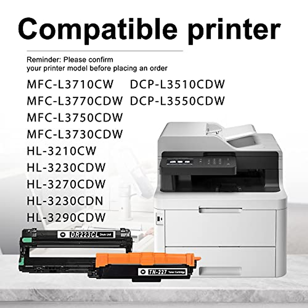 GULOYA Compatible 2-Pack (1 Toner+1 Drum,Black) TN227 DR-223CL TN-227 Toner Cartridge and DR223CL Drum Unit Replacement for Brother MFC-L3770CDW HL-3210CW DCP-L3550CDW Printer