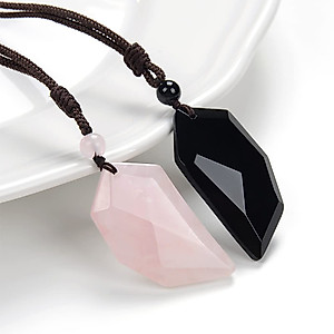 Domika 2pcs Healing Stone Matching Heart Couples Necklace Rose Quartz Black Obsidian Crystal Pendant Adjustable Rope Love Puzzle Necklace for Men Women
