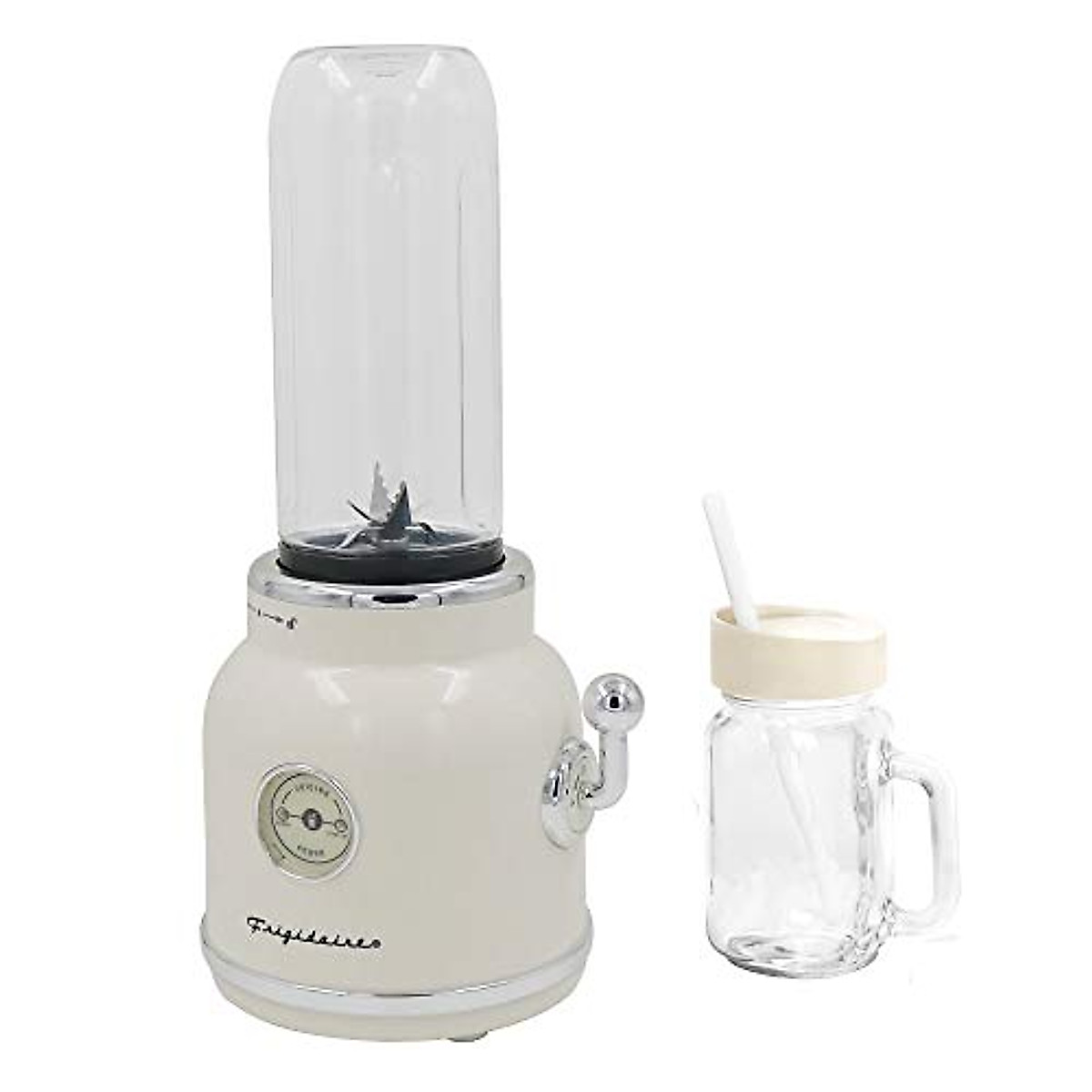 FRIGIDAIRE ESMM100-CREAM Retro Smoothie Maker Blender with Mason Jar, Perfect for Shakes and Smoothies, 300-Watt, Cream