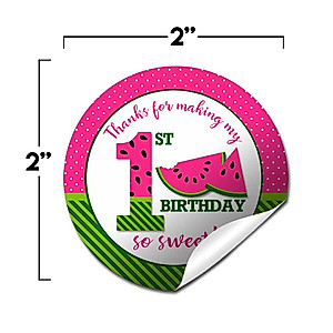 Pink Watermelon 1st Birthday Party Thank You Sticker Labels, 40 2" Party Circle Stickers by AmandaCreation, Great for Party Favors, Envelope Seals & Goodie Bags