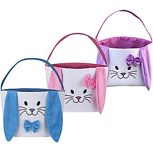3Pcs Easter Bunny Basket for Kids- Canvas Cotton Carrying Gift and Eggs Hunt Bag, with Long Plush Ear Printed Rabbit Toys Bucket Tote Bags for Girls & Boys (Pink, Purple, Blue)