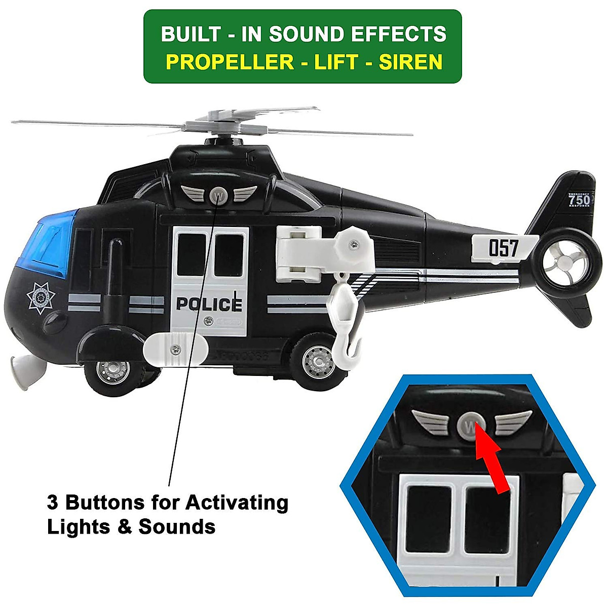 Liberty Imports Police Rescue Helicopter Friction Powered Toy Vehicle for Boys | Push and Go Chopper with Pretend Play Action Lights and Sounds