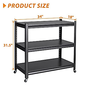 Anxxsu Garage Storage Shelves Heavy Duty, 3-Tier Metal Shelving Unit with Wheels, Large Capacity Storage Racks and Shelving, Utility Shelf Racks for Garage Kitchen Basement Warehouse